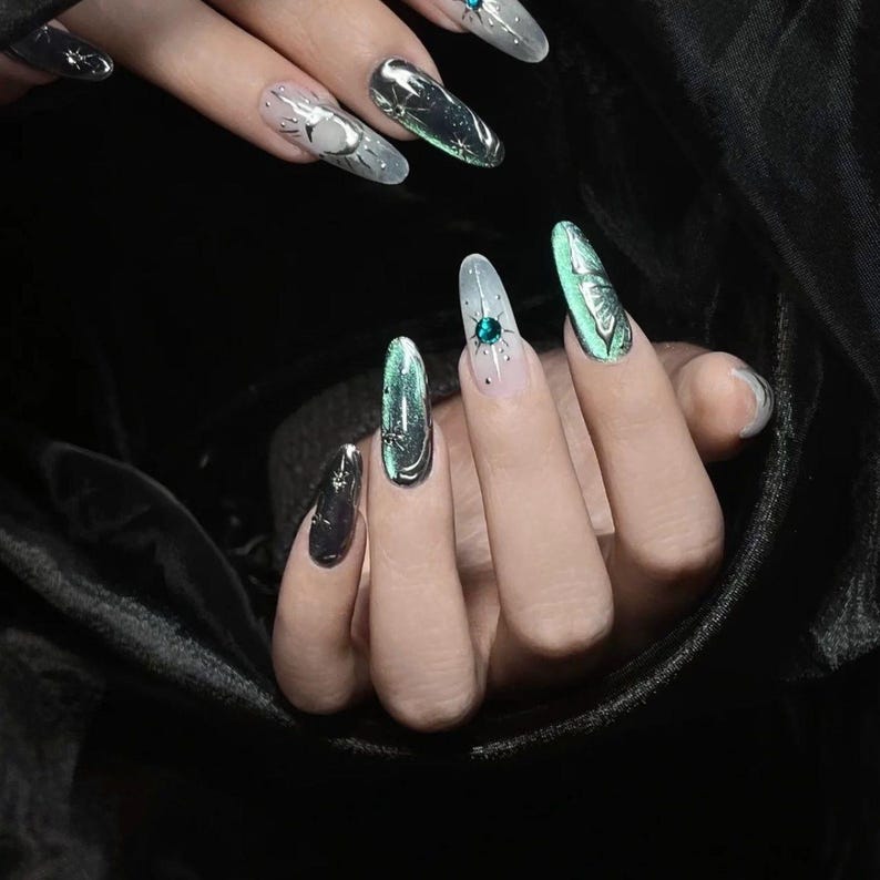 Black Star and Moon Luxury Nails|planet Cat Eye Silver Press on Nails ...