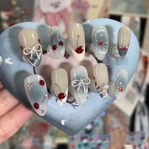 3D Blue Dream Cherry Press on Nails|bowtie French Tips Reusable Nails ...