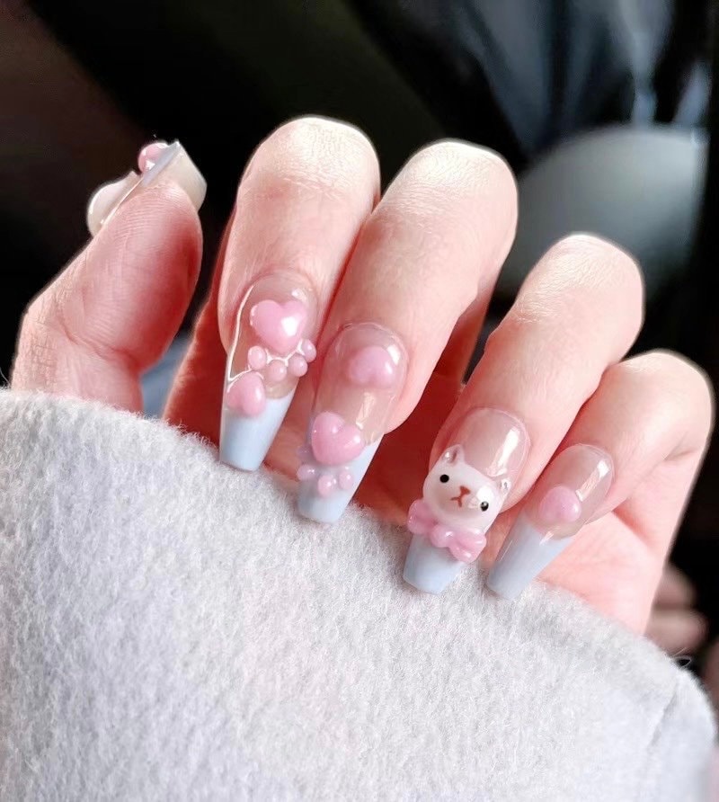 Kawaii Kitty French Style Press on Nails|3d Premium Art Design Reusable ...