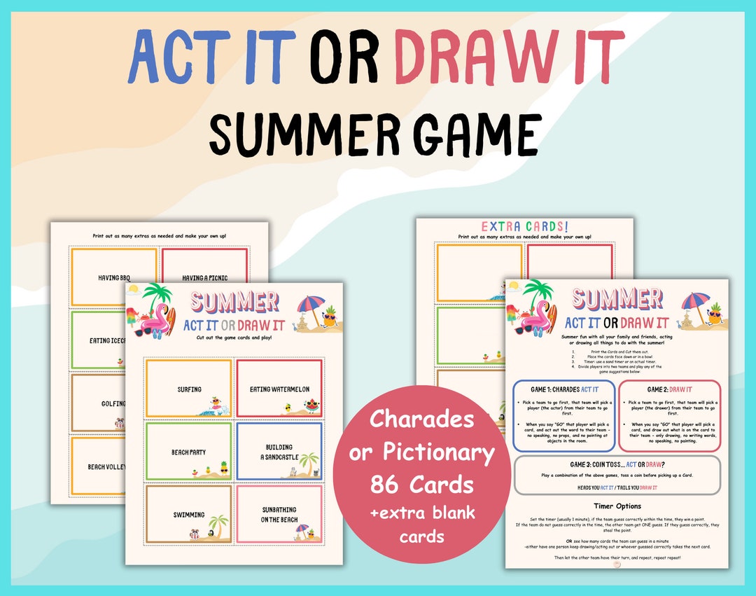 Summer Charades Pictionary Game Printable Family Fun Act - Etsy
