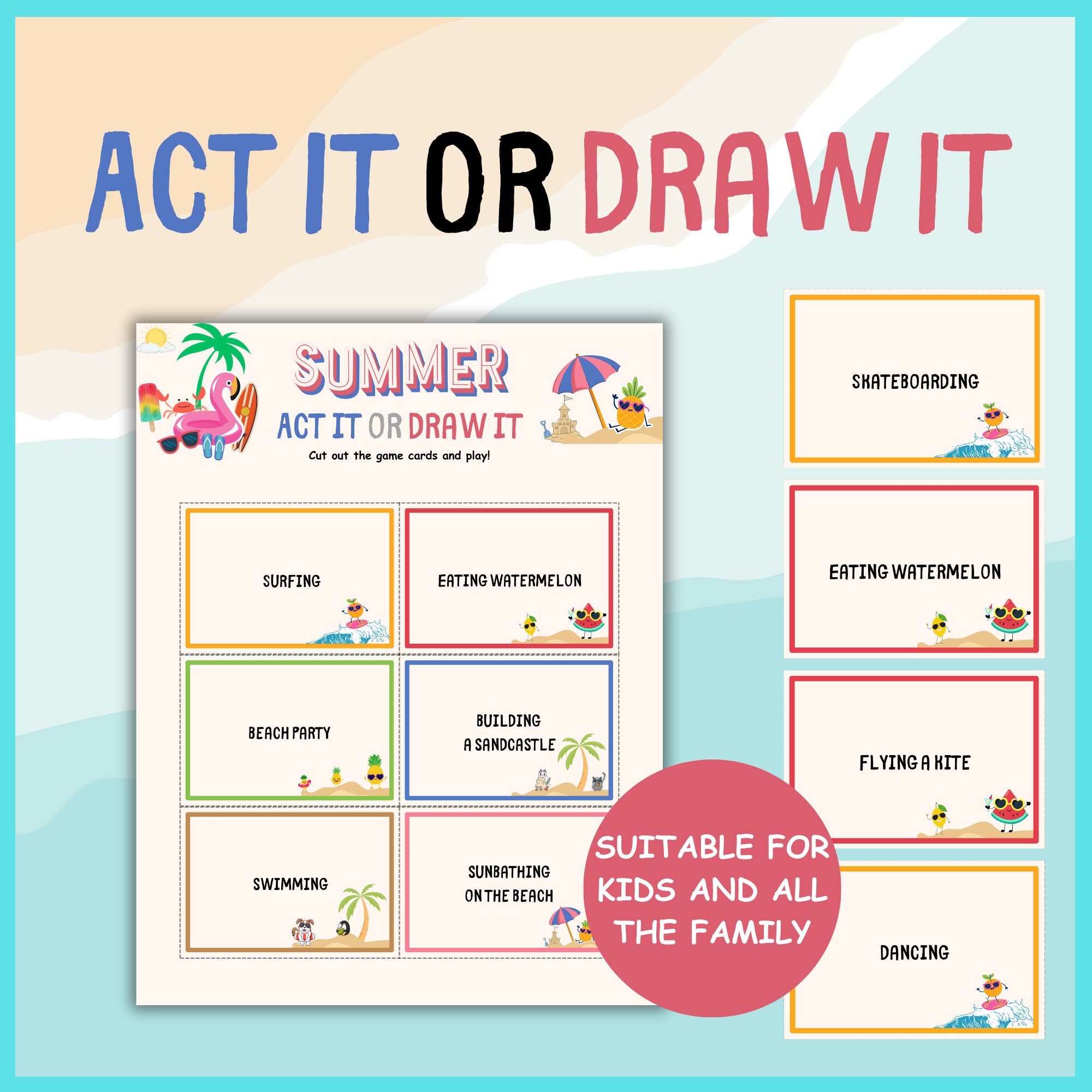Summer Charades Pictionary Game Printable Family Fun Act, Draw & Guess ...