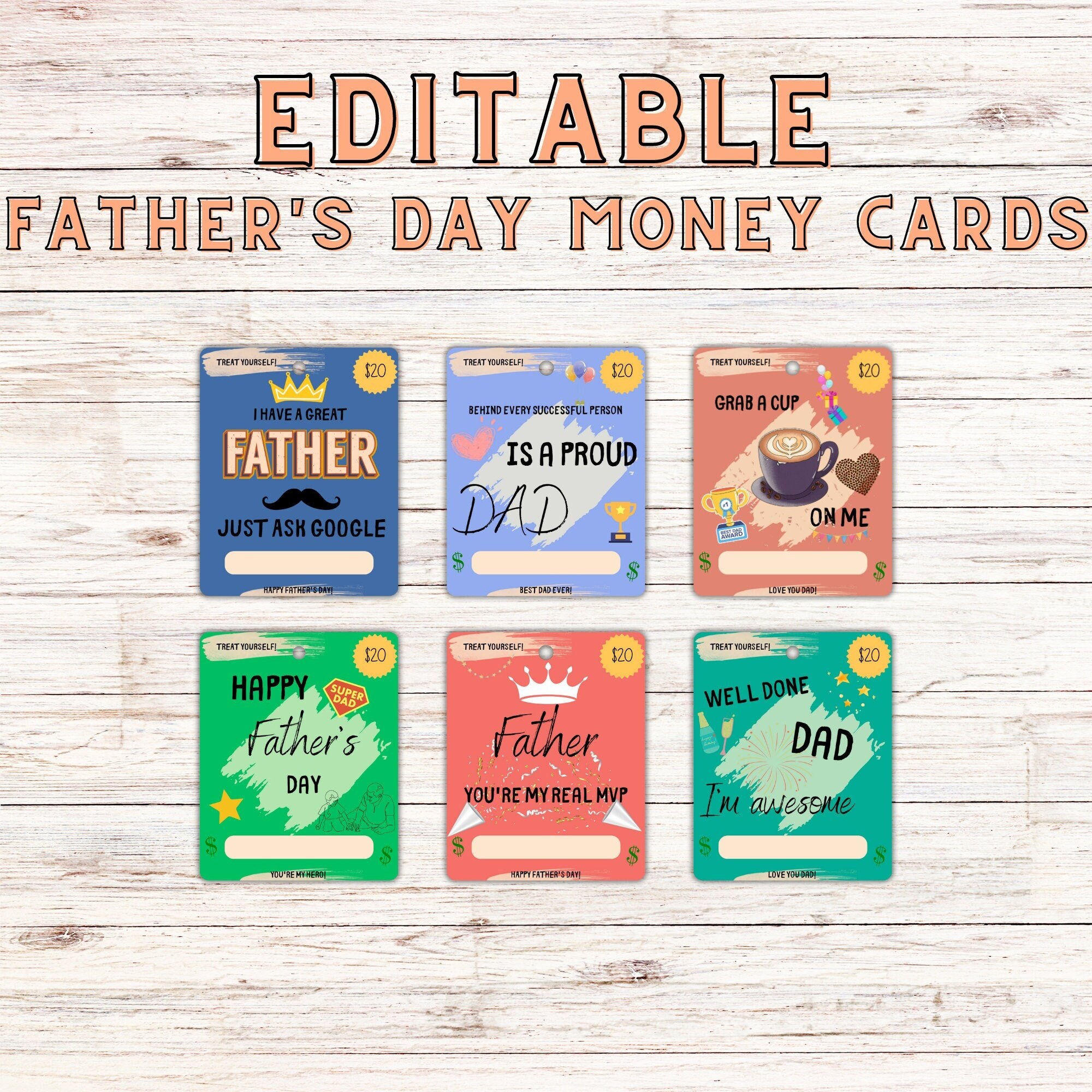 Editable Father's Day Money Card & 6 Designs Bundle Cards Holder PNG ...