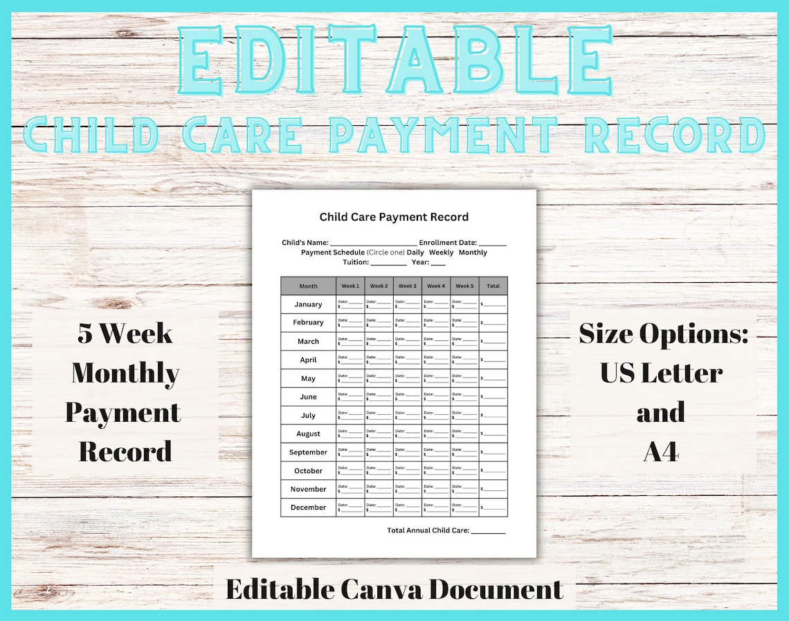 Editable Child Care Payment Record | Easy to Edit on Canva | Home ...