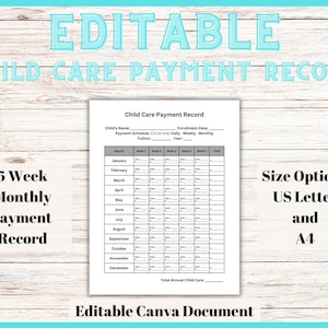 Editable Child Care Payment Record | Easy to Edit on Canva | Home ...
