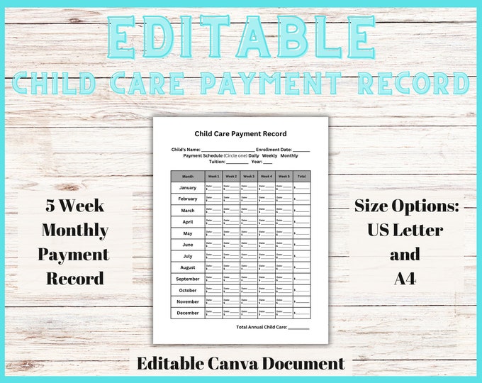Editable Child Care Payment Record | Easy to Edit on Canva | Home ...