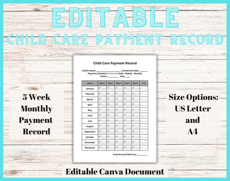 Editable Child Care Payment Record | Easy to Edit on Canva | Home ...