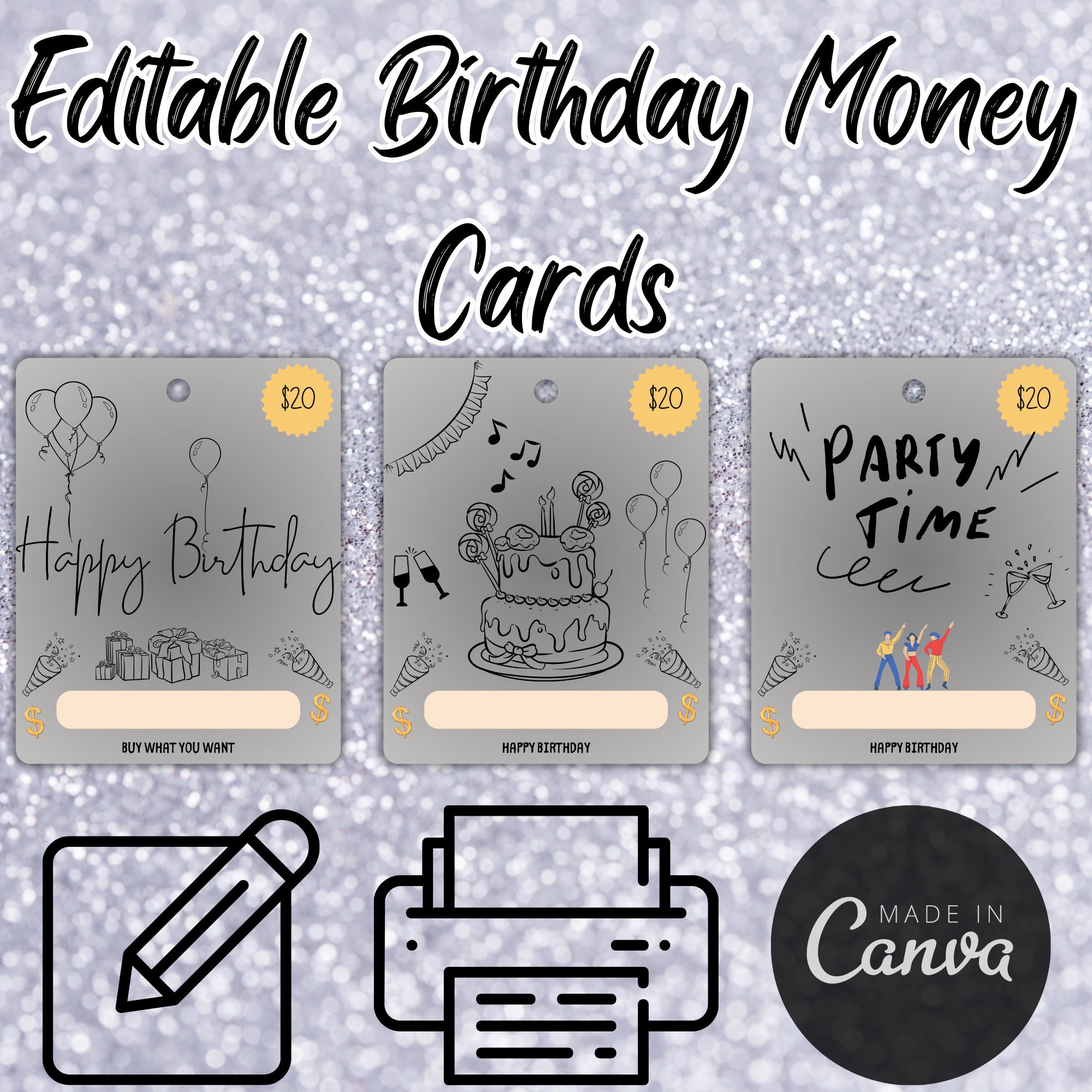 Mega Editable Birthday Money Cards Bundle Card Holder Templates Gift ...