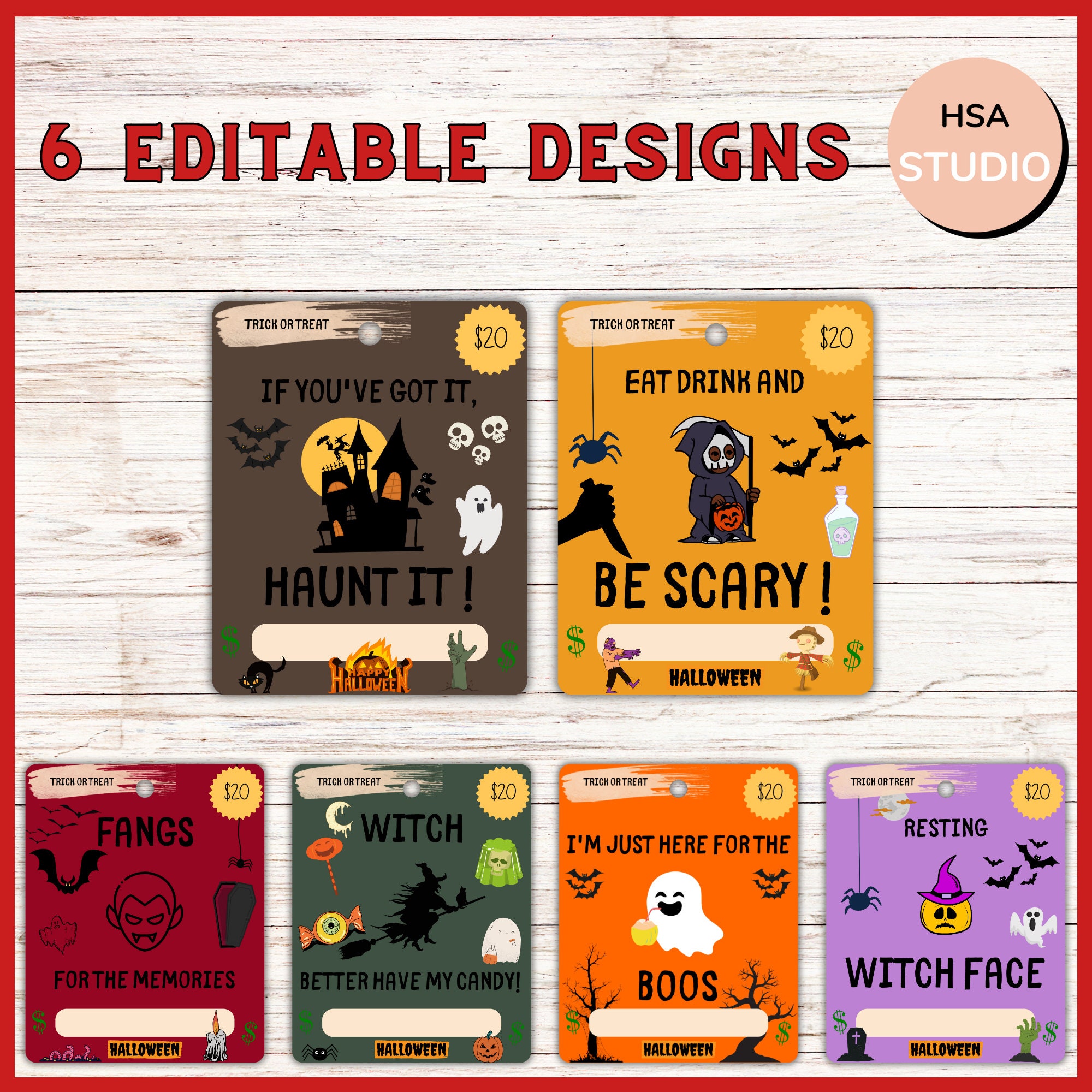 Editable Halloween Money Cards Template Card Holder Bundle PNG & SVG ...