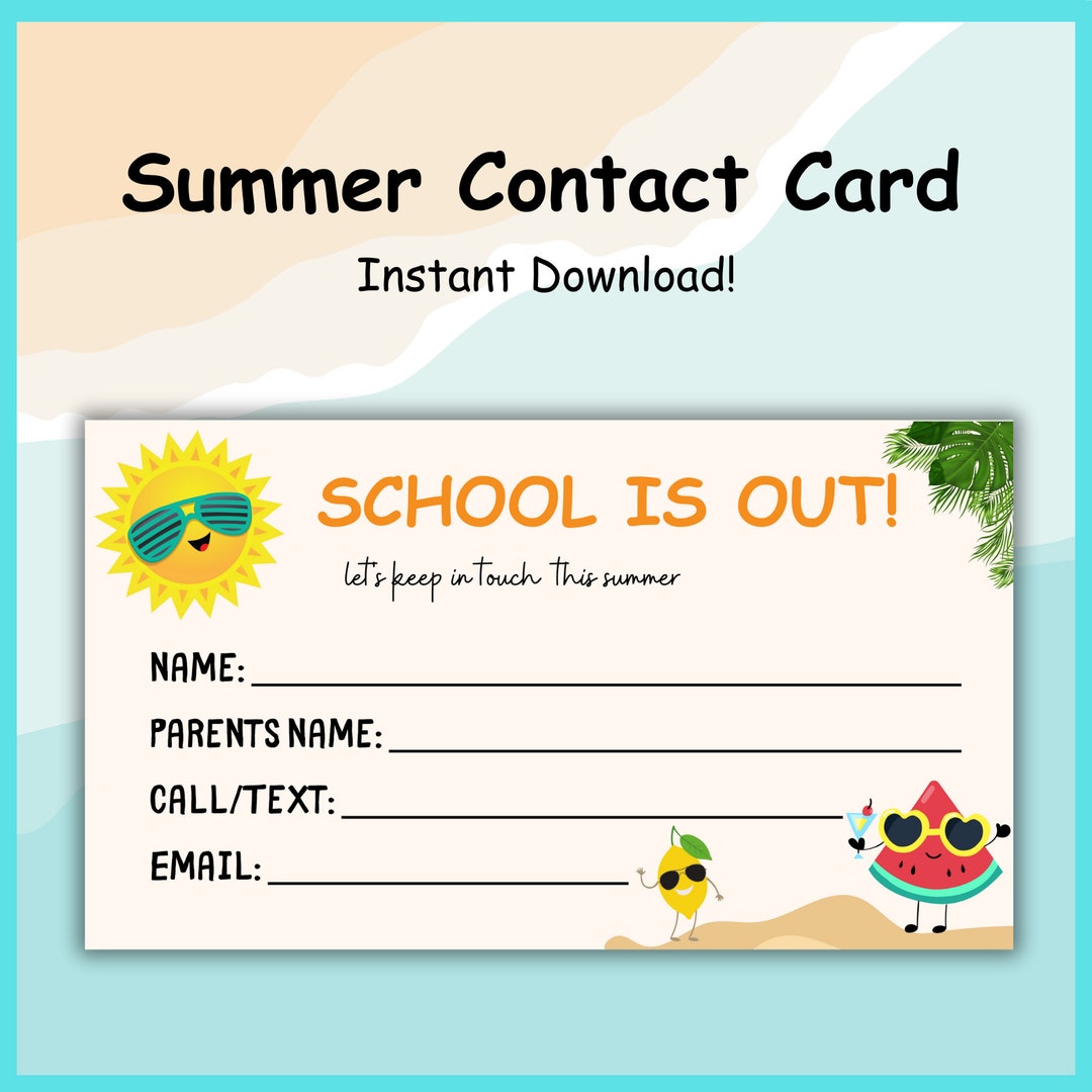 Printable Summer Contact Card for Kids, End-of-school Playdate Card ...