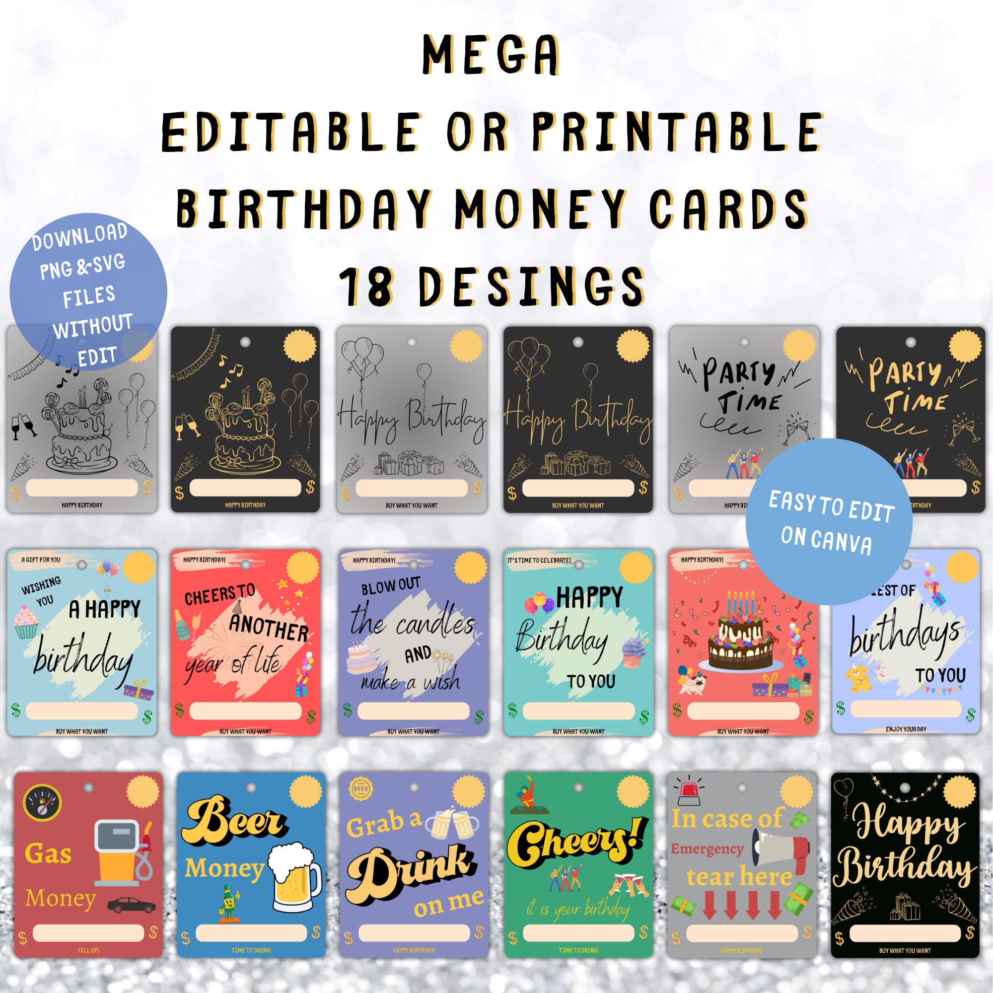 Mega Editable Birthday Money Cards Bundle Card Holder Templates Gift ...