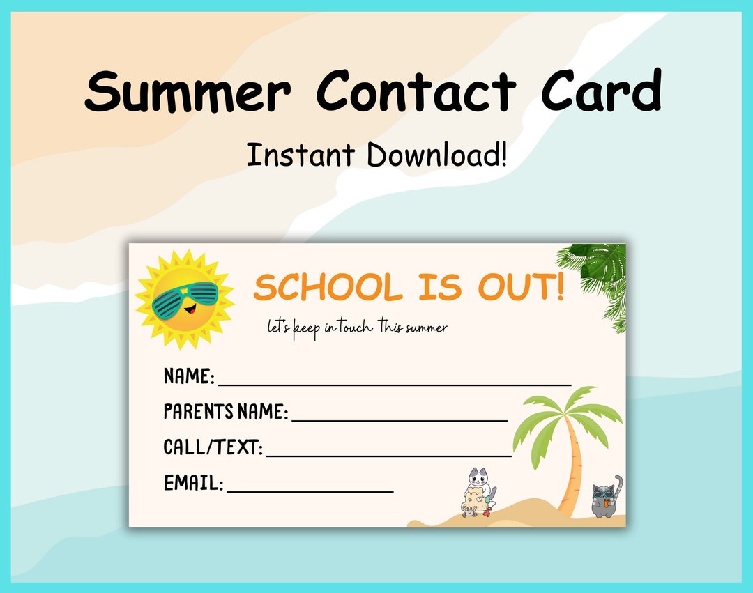 Printable Summer Contact Card for Kids End of School Playdate - Etsy