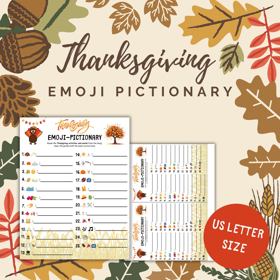 Thanksgiving Emoji Pictionary Game | PNG & SVG or PDF File | Printable ...