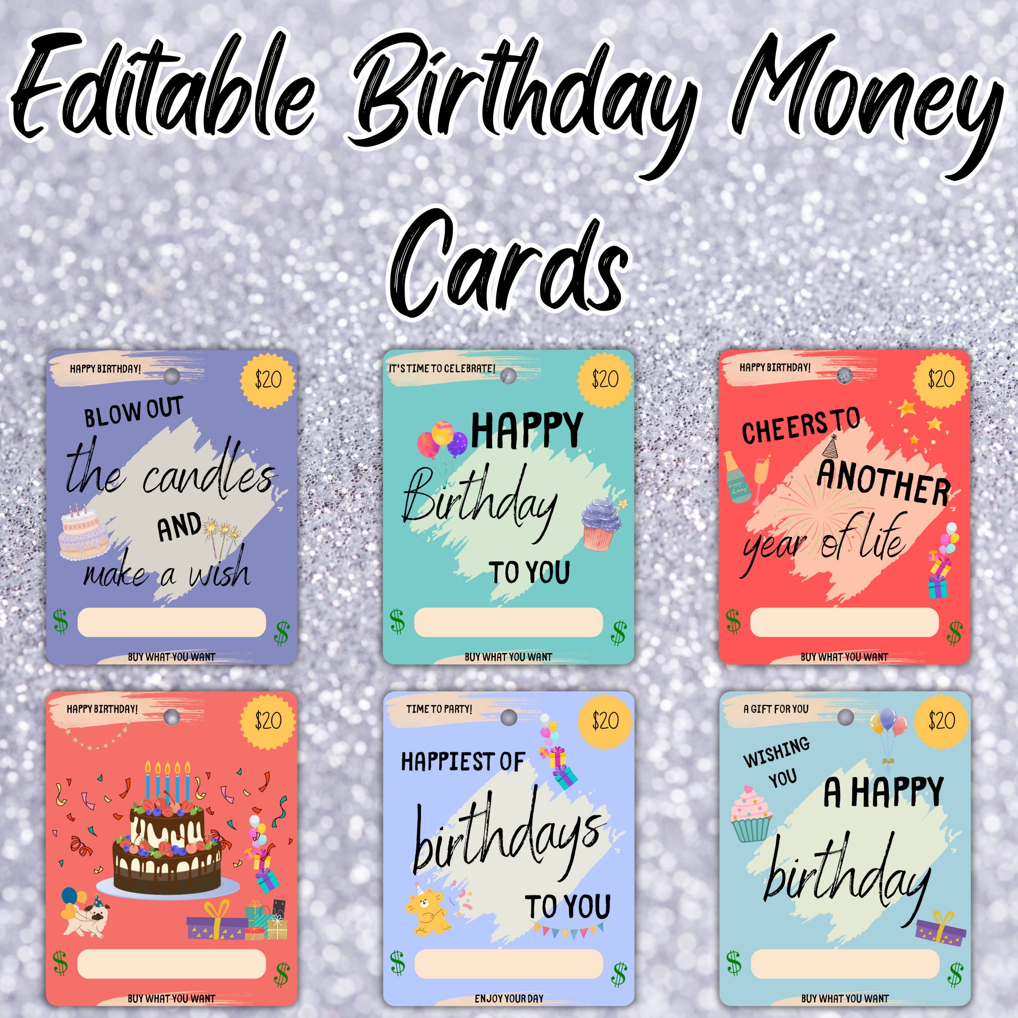 Mega Editable Birthday Money Cards Bundle Card Holder Templates Gift ...