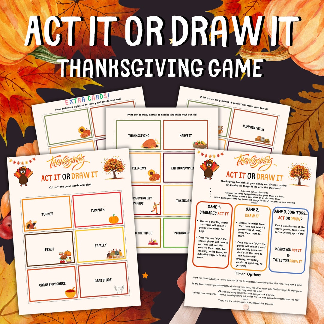 Thanksgiving Charades Pictionary Game | 62 Playing Cards | 3 Games ...