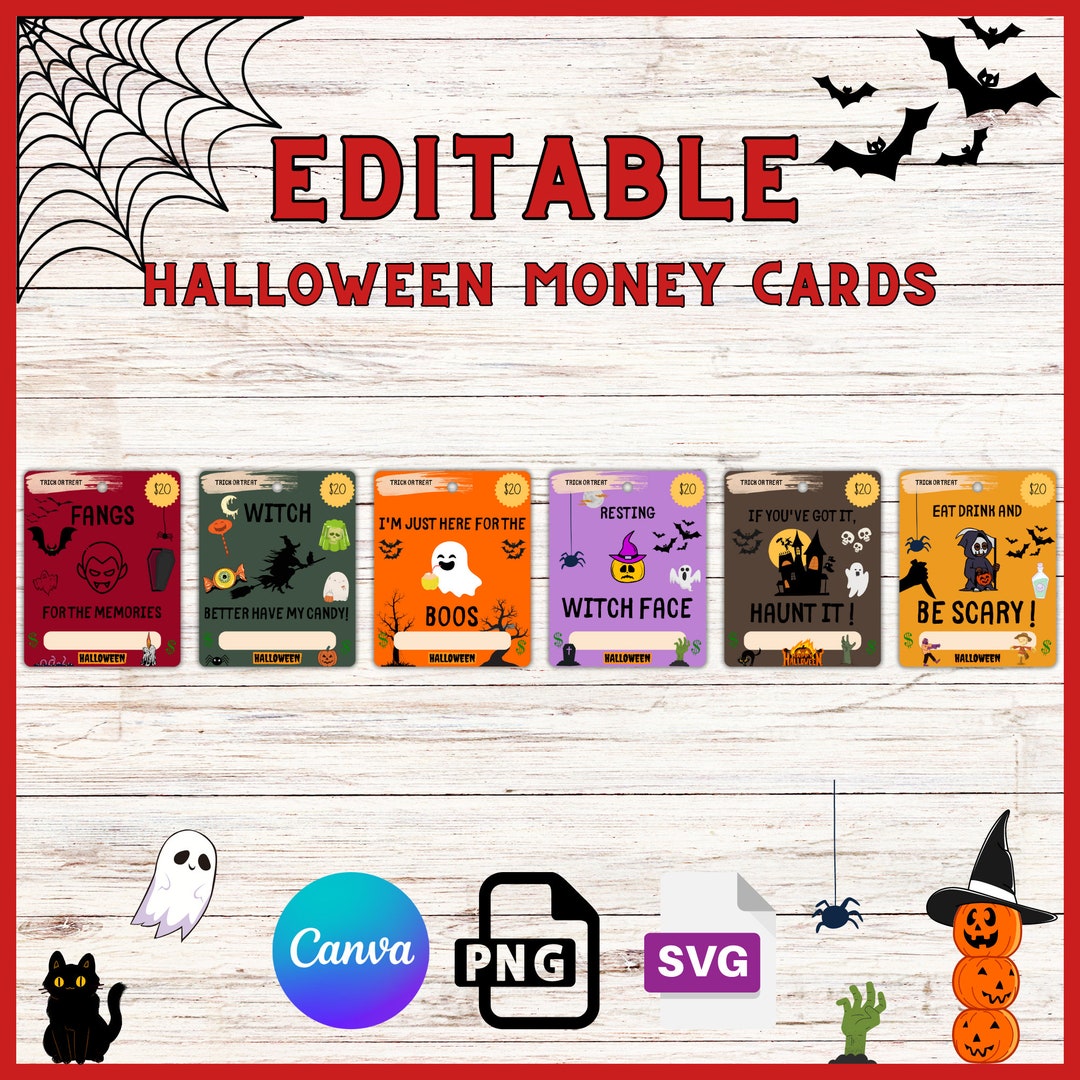 Editable Halloween Money Cards Template Card Holder Bundle PNG & SVG ...