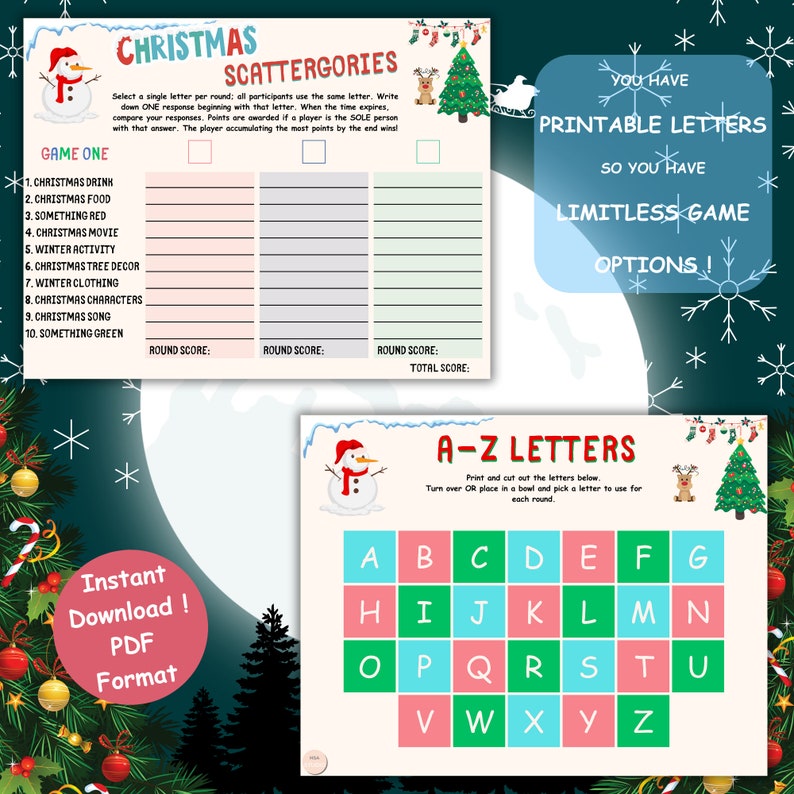 Printable Christmas Scattergories Game | 5 Game Options | Family Kids ...