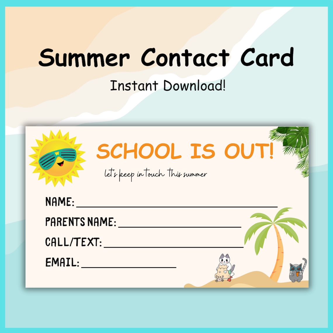 Printable Summer Contact Card for Kids End of School Playdate Card ...