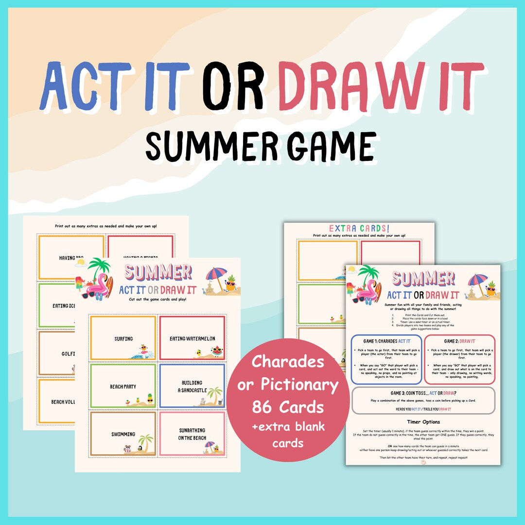 Summer Charades Pictionary Game | Printable Family Fun | Act, Draw ...