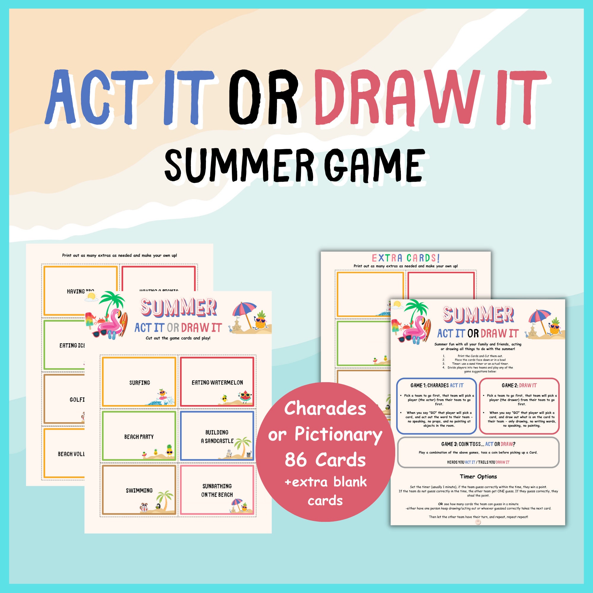 Summer Charades Pictionary Game Printable Family Fun Act, Draw & Guess ...