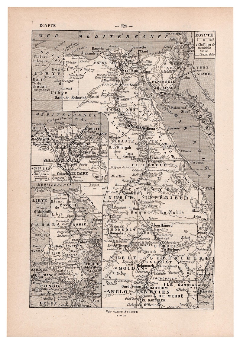 1922 Ancient Egypt Map Larousse Original Vintage Print Map of Egypt 100 ...