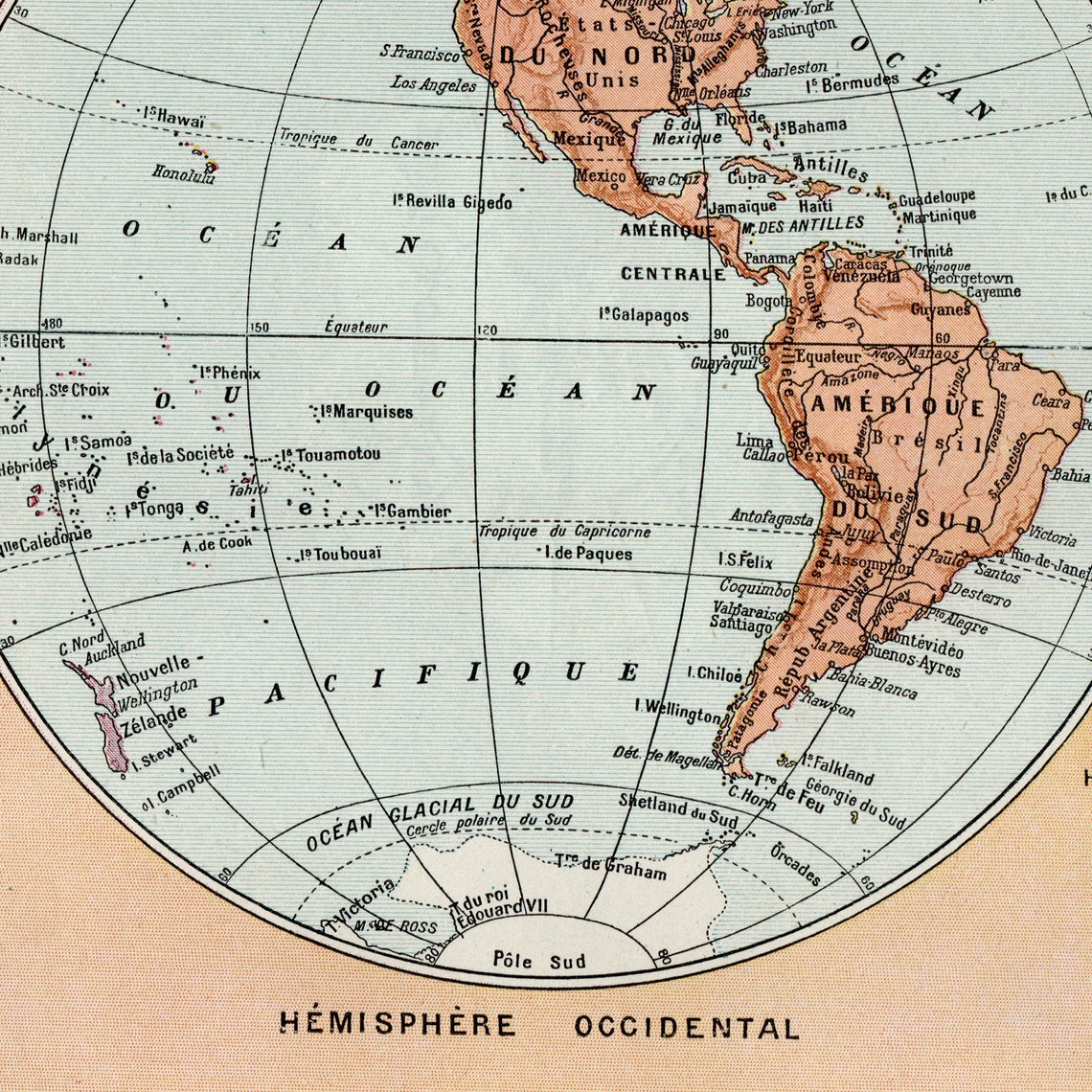 1922 World Map Antique Planisphere Vintage Larousse Original Print Mapa ...