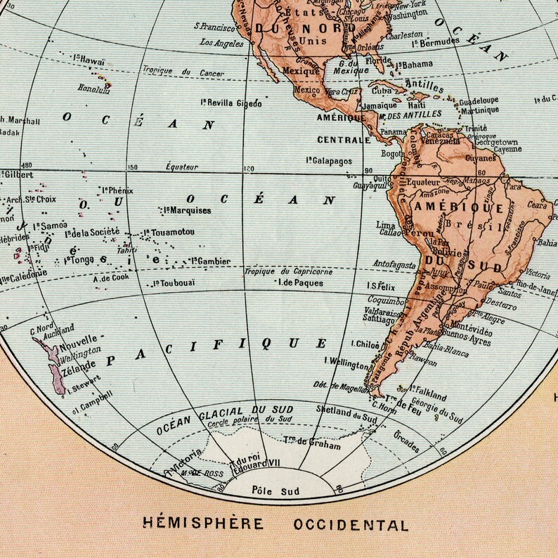 1922 World Map Antique Planisphere Vintage Larousse Original Print Mapa ...