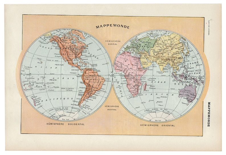 1922 World Map Antique Planisphere Vintage Larousse Original Print Mapa ...