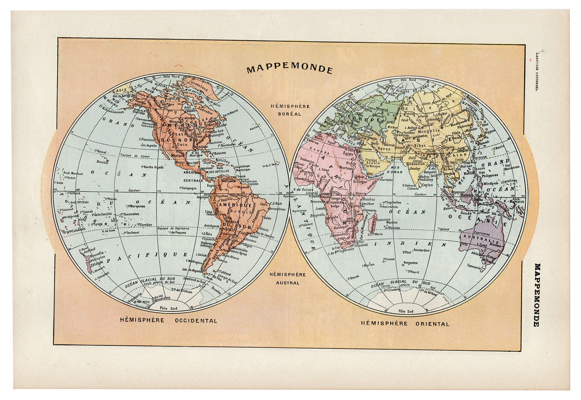 1922 World Map Antique Planisphere Vintage Larousse Original Print Mapa ...
