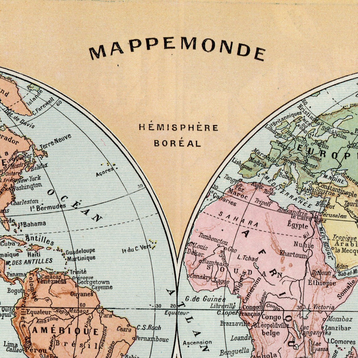 1922 World Map Antique Planisphere Vintage Larousse Original Print Mapa ...