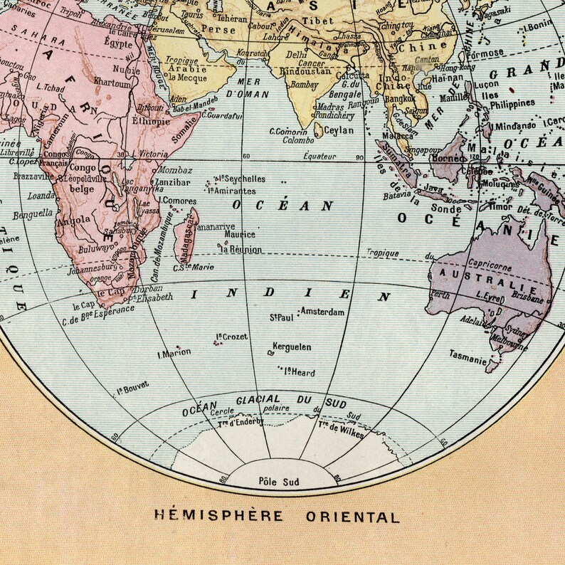 1922 World Map Antique Planisphere Vintage Larousse Original Print Mapa ...