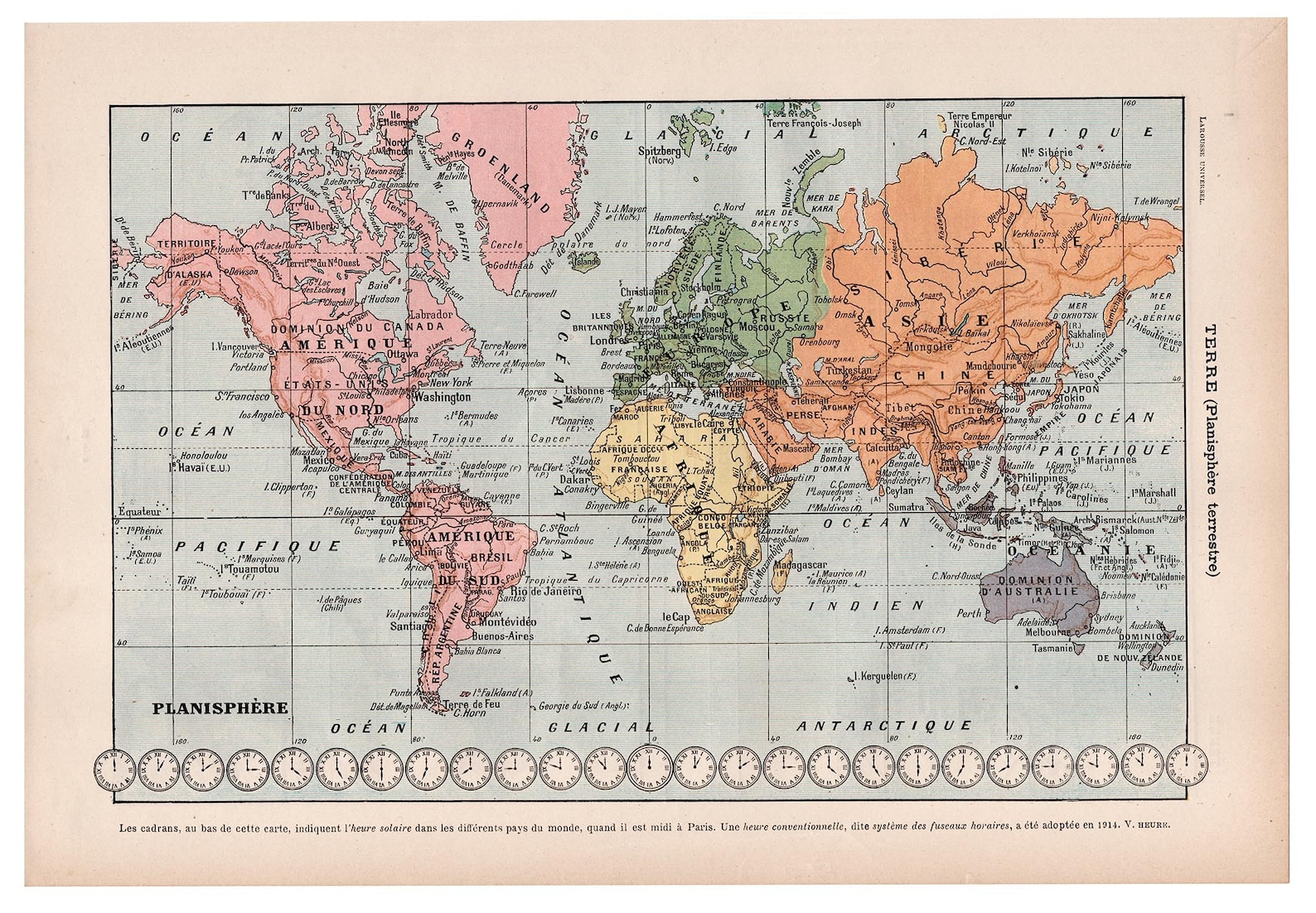 1922 Antique World Map Old Planisphere Vintage Larousse Original Print ...