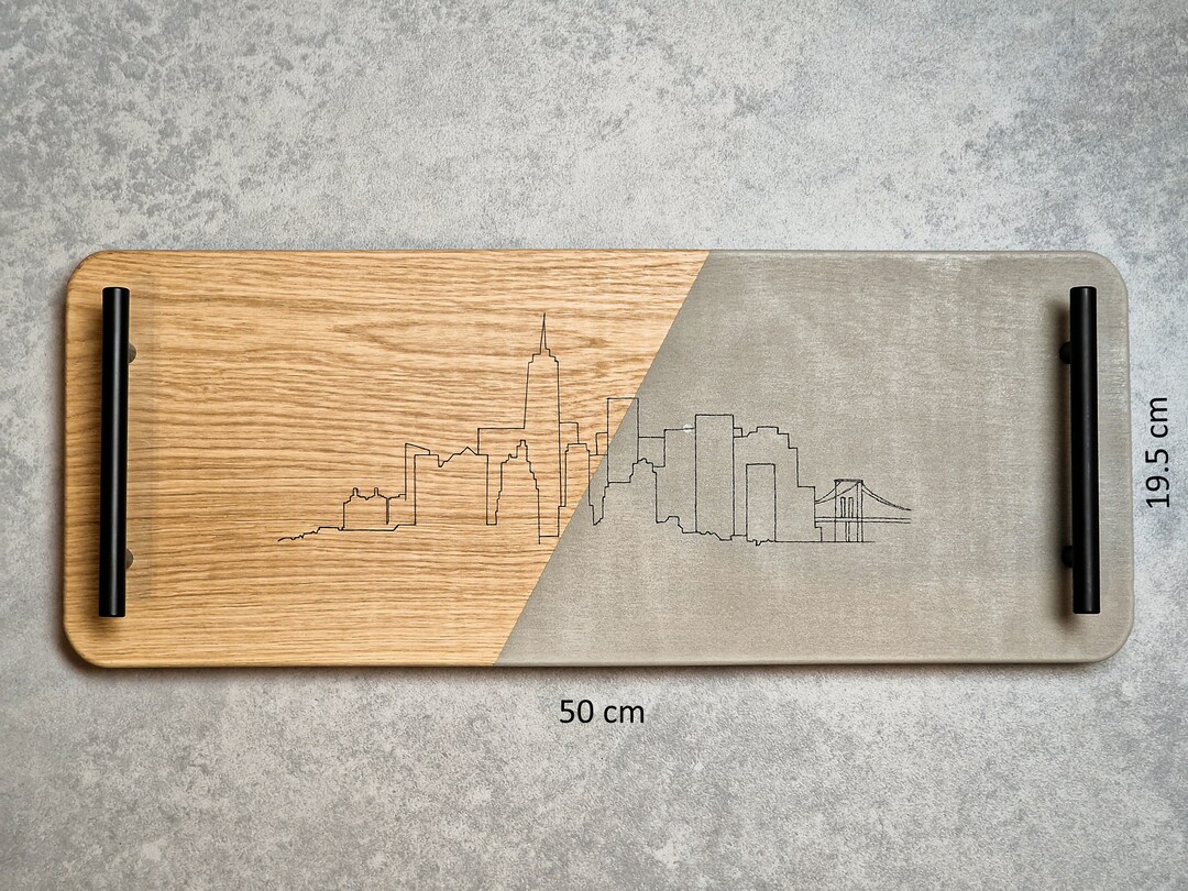Oak Wood Serving Tray, New York Skyline Themed, Black Handles - Etsy