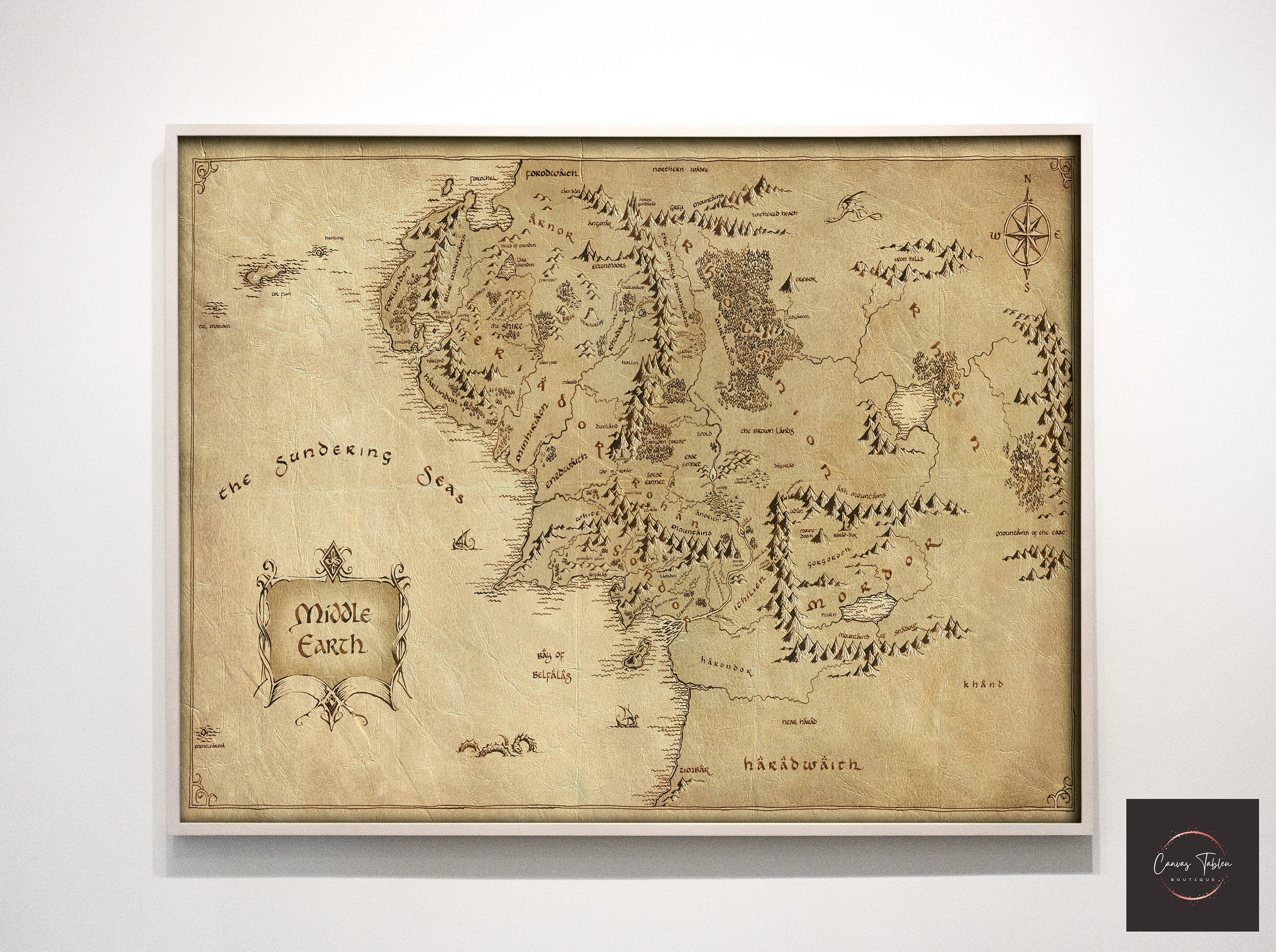 LOTR Map, Famous Movie Map Canvas, Sauron Print, Gandalf, Frodo Baggins ...