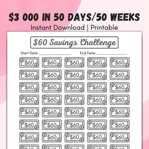 60 Dollar Savings Challenge Printable, Mini Savings Tracker, 50 Day ...