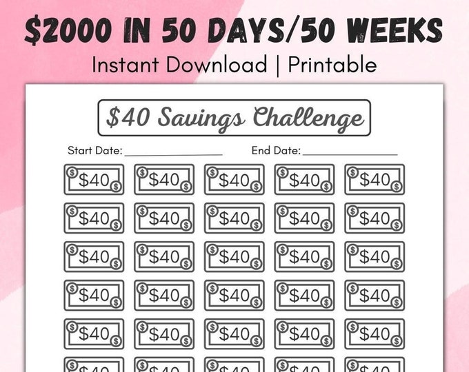 40 Dollar Savings Challenge Printable, Mini Savings Tracker, 50 Day ...