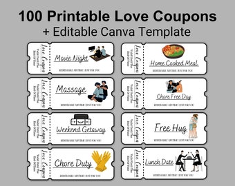 100 Printable Love Coupons for Him and Her, Couple Coupons, Valentines ...