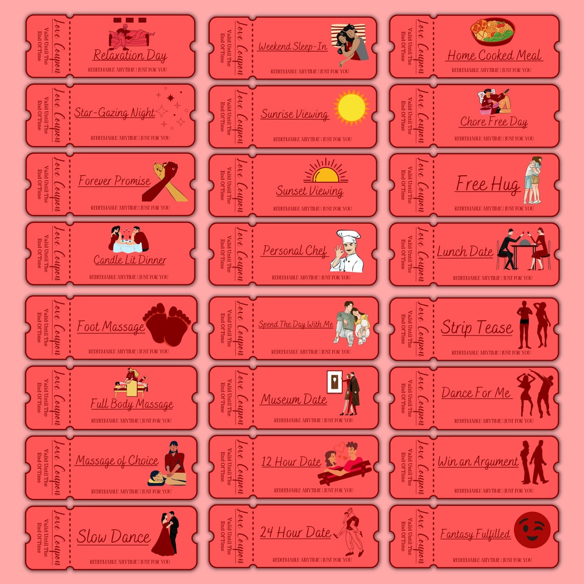 100 Printable Love Coupons for Him and Her, Couple Coupons, Valentines ...