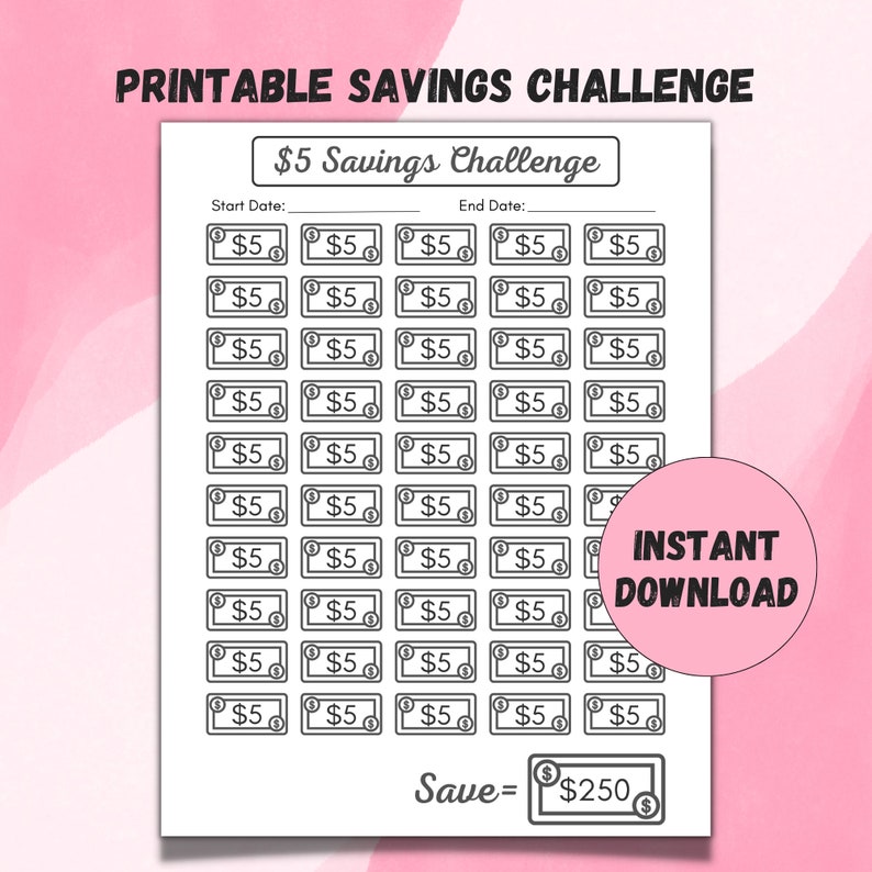 5 Dollar Savings Challenge Printable, Mini Savings Tracker, 50 Day ...