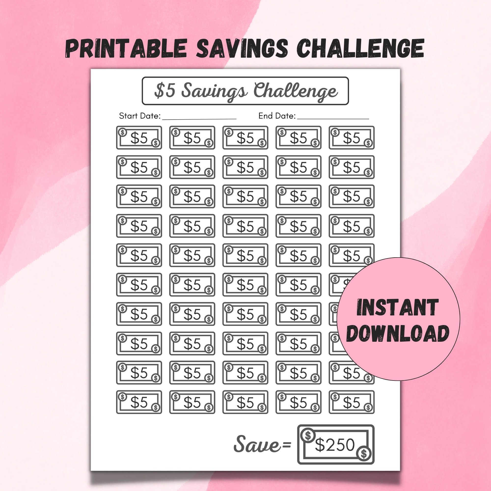 5 Dollar Savings Challenge Printable, Mini Savings Tracker, 50 Day ...