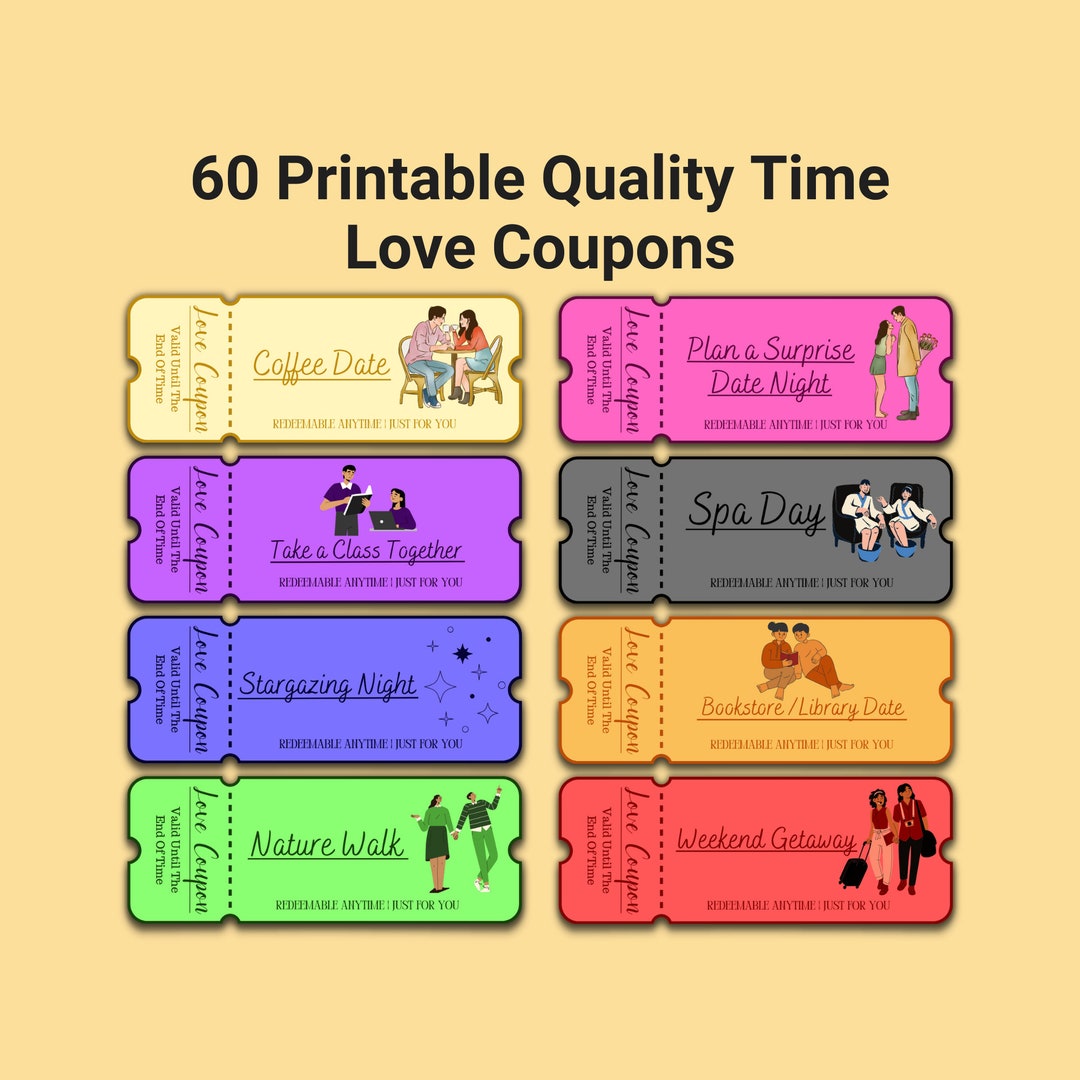 60 Printable Quality Time Love Coupons for Him and Her, Couple Coupons ...
