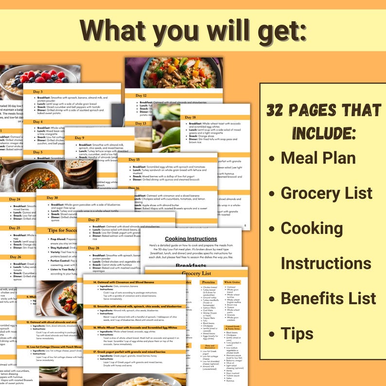 Printable 30-day Low-fat Meal Plan & Grocery List, Digital Healthy Meal ...