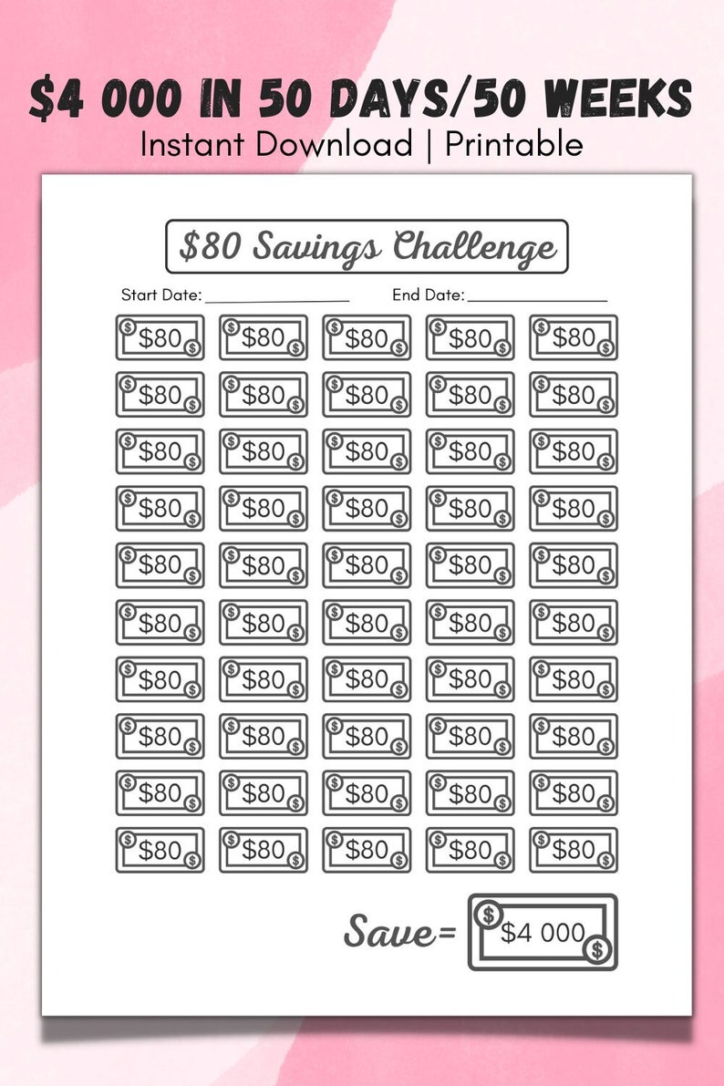 80 Dollar Savings Challenge Printable, Mini Savings Tracker, 50 Day ...