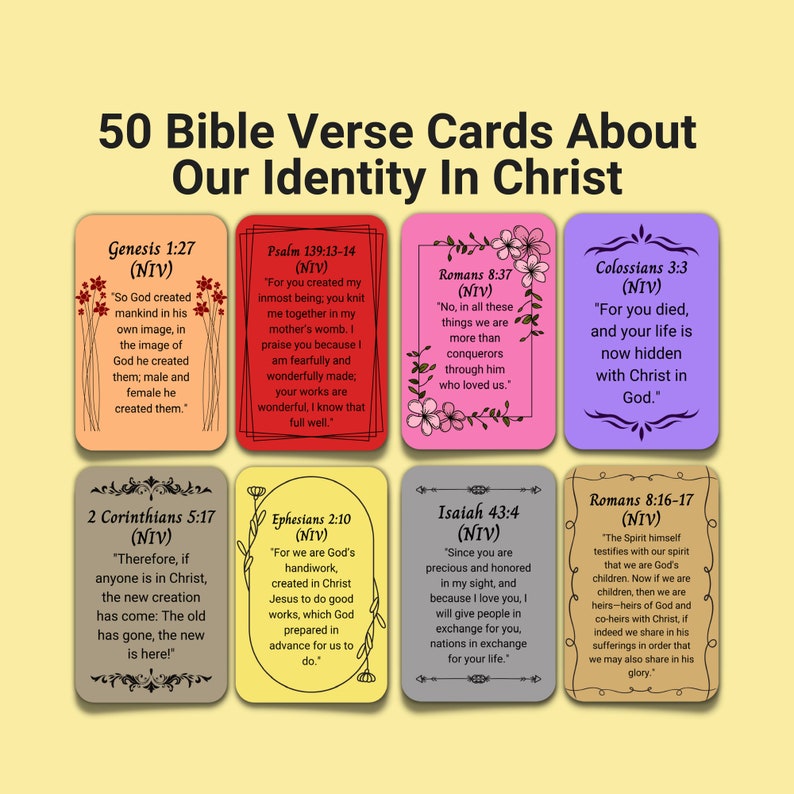 Printable Identity Bible Verse Cards, Bible Study Tools, Memory Verse Flash Cards, Colorful ...