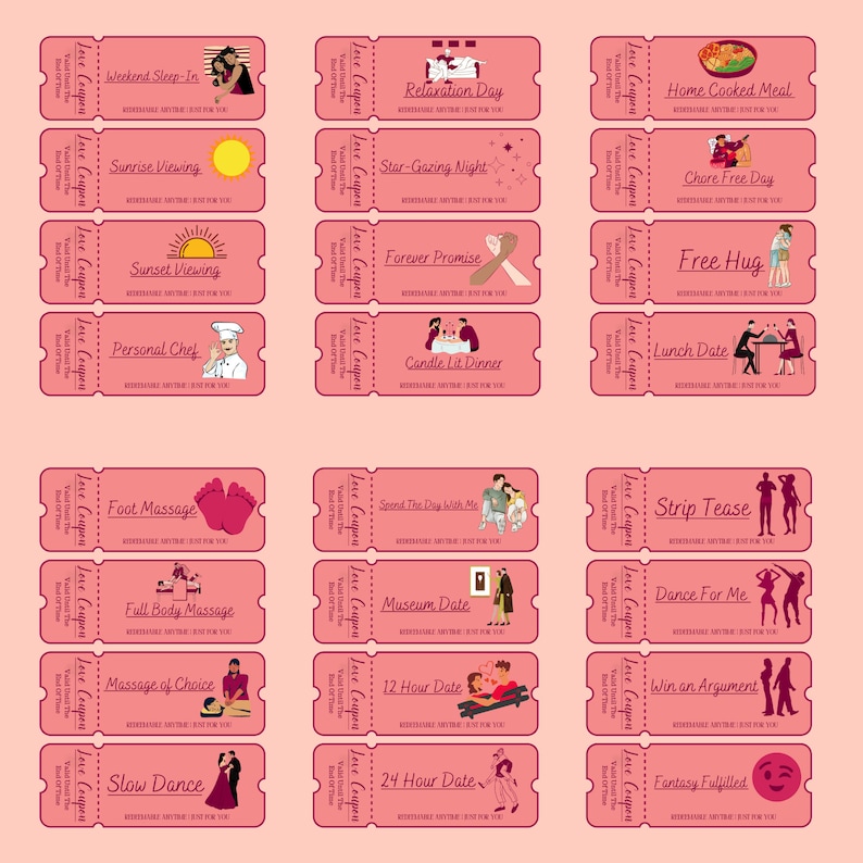 100 Printable Love Coupons for Him and Her, Couple Coupons, Valentines ...