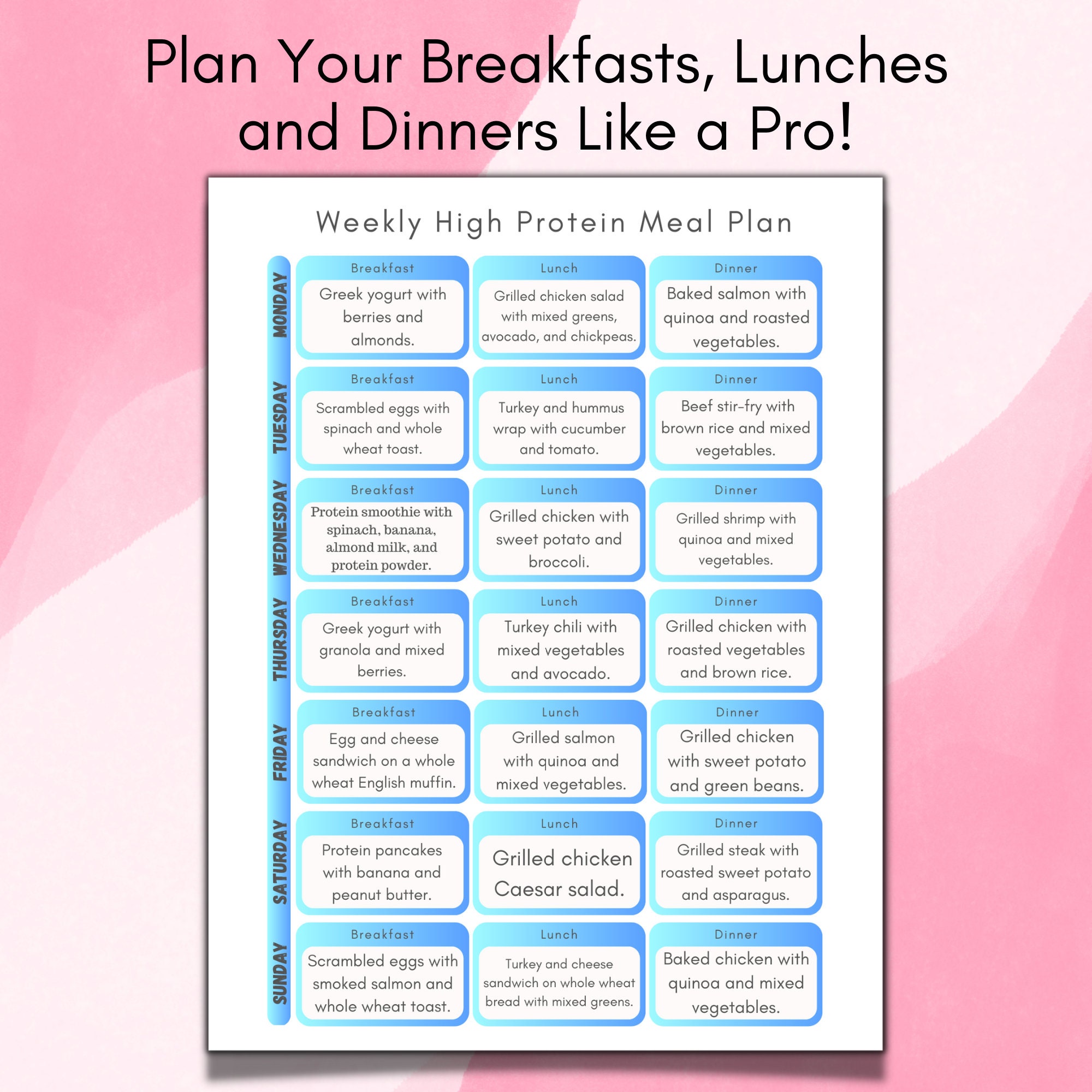 Weekly High Protein Meal Plan & Grocery List Printable, Shopping List ...