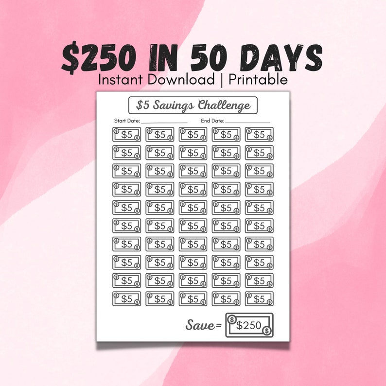 5 Dollar Savings Challenge Printable, Mini Savings Tracker, 50 Day ...