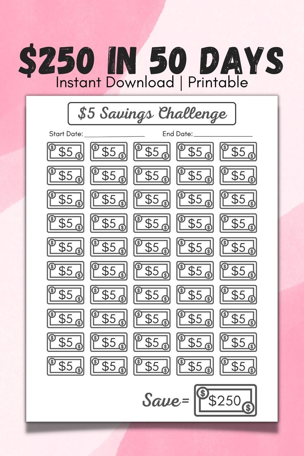 5 Dollar Savings Challenge Printable, Mini Savings Tracker, 50 Day ...