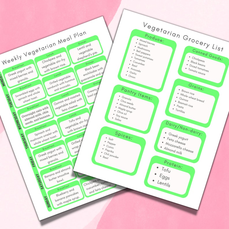 Weekly Vegetarian Meal Plan & Grocery List Printable, Shopping List ...