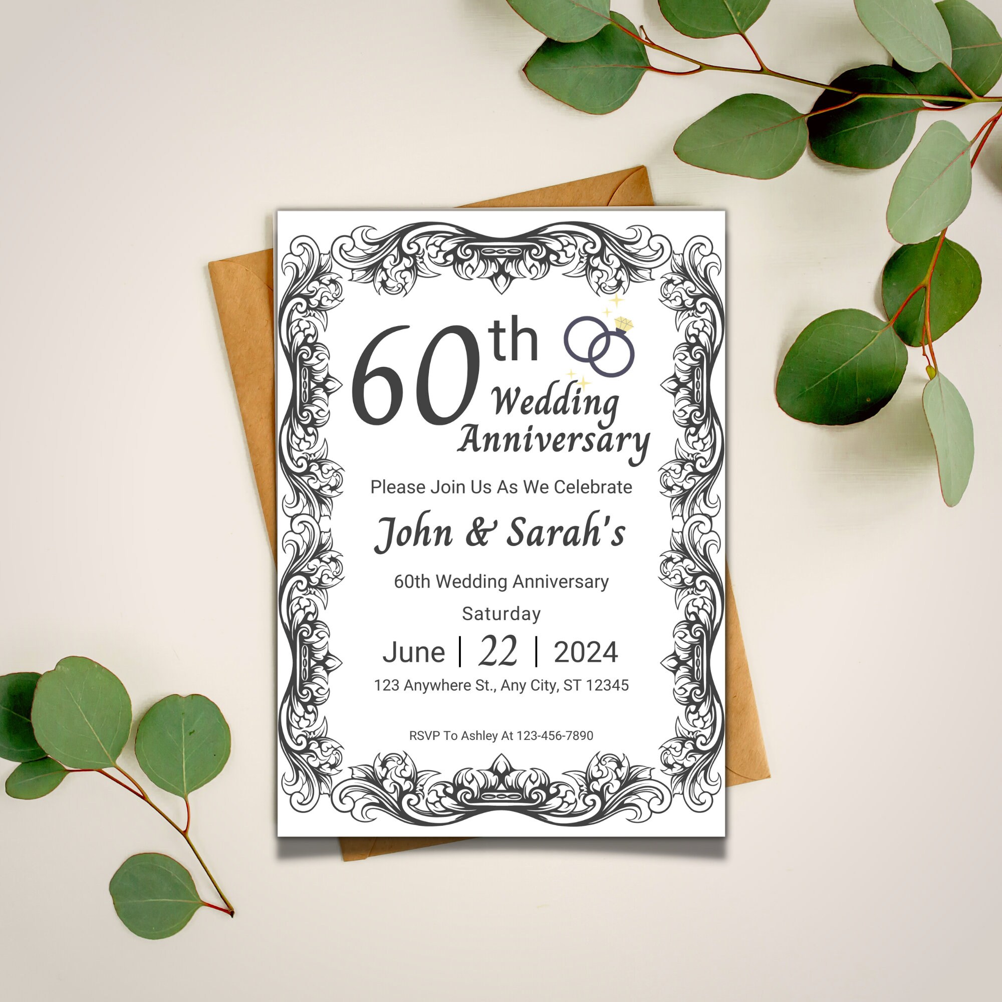 60th Wedding Anniversary Invitation Canva Template, Printable Vow ...
