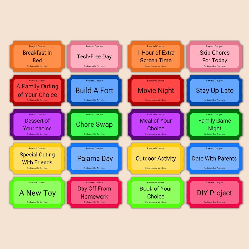 60 Printable Kids Reward Coupons, Kids Coupons, Gift for Children ...